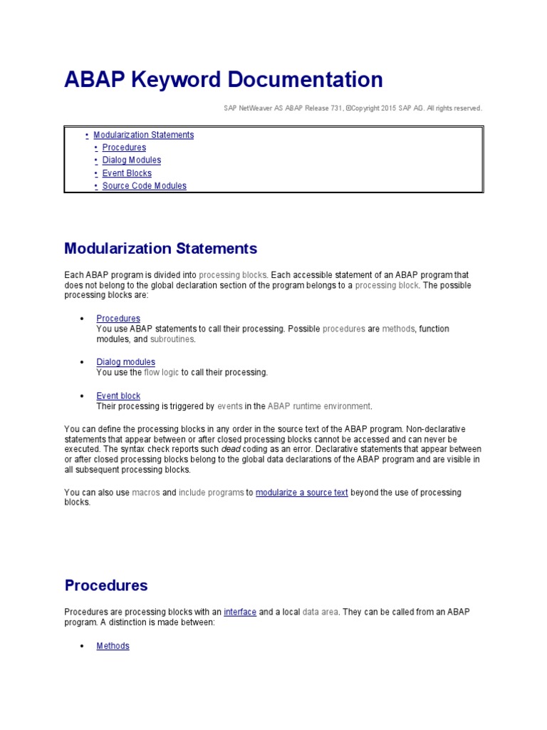 ABAP Keyword Documentation: Modularization Statements | PDF | Parameter (Computer Programming ...