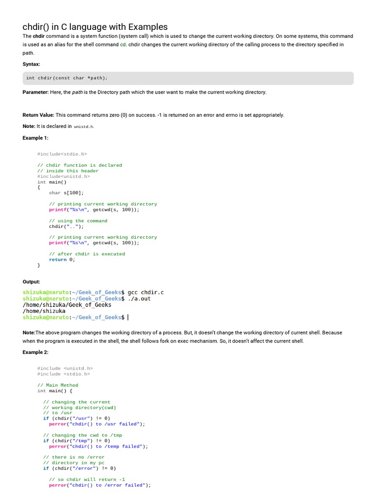 Chdir in C Language With Examples | PDF | Operating System Technology ...