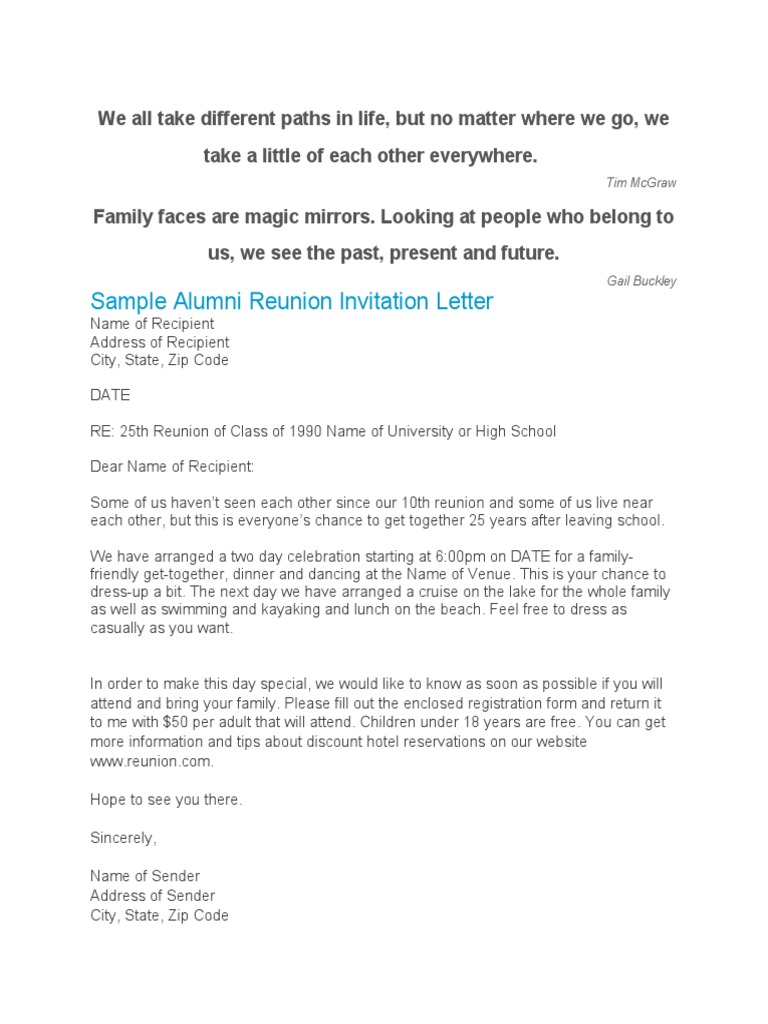 Sample Alumni Reunion Invitation Letter: Tim Mcgraw | PDF