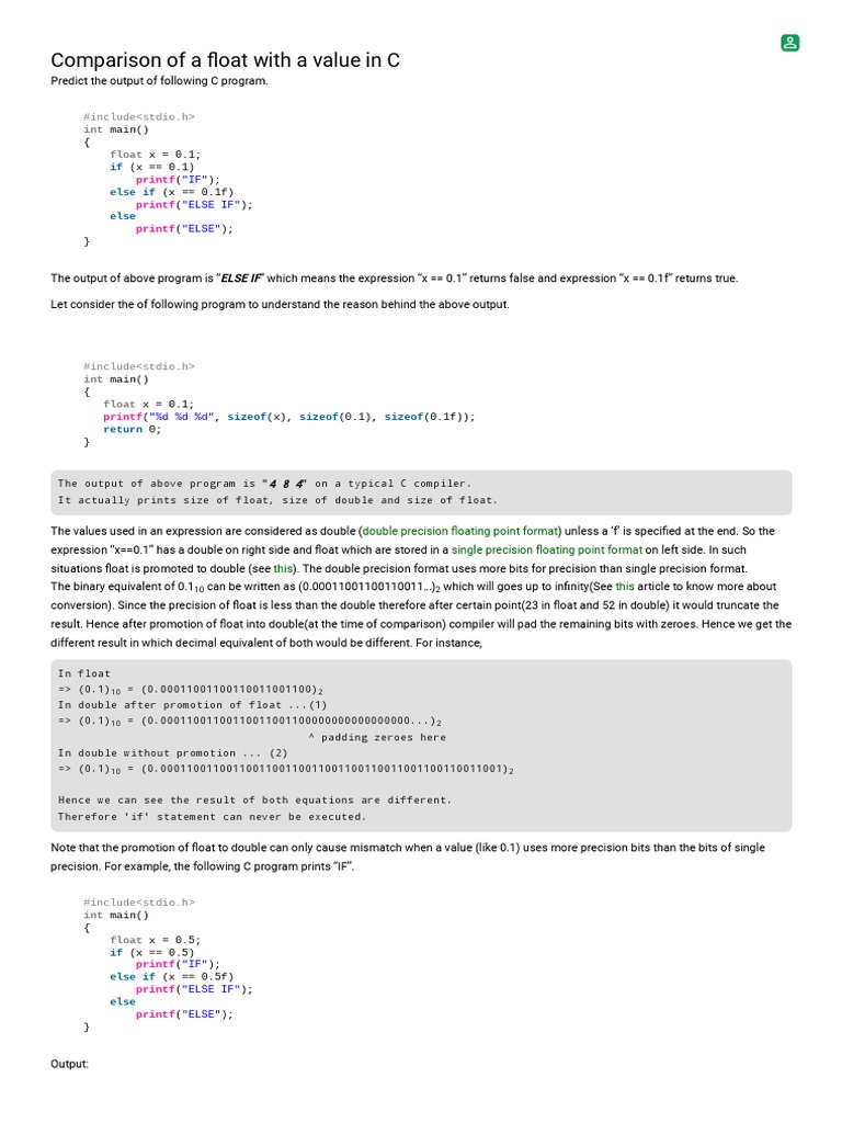 Comparison Of A Float With A Value In C Pdf Theoretical Computer Science Theory Of Computation