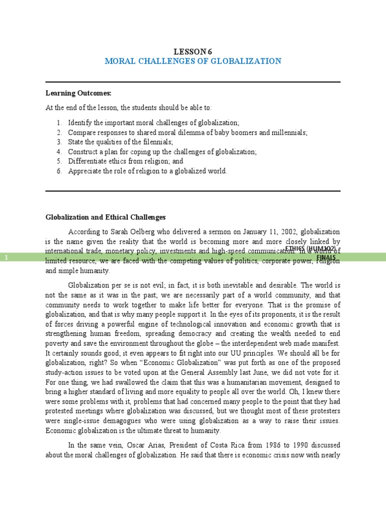 Moral Challenges of Globalization: Learning Outcomes | PDF | Baby ...