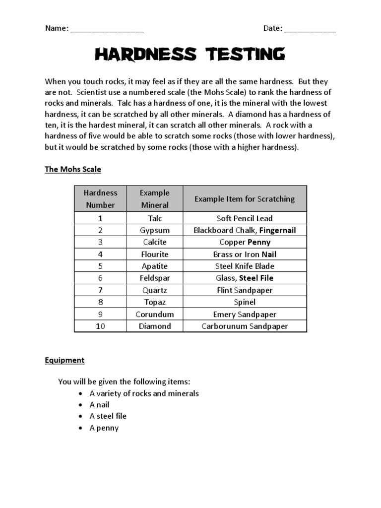 Mohs Hardness Scale Worksheet
