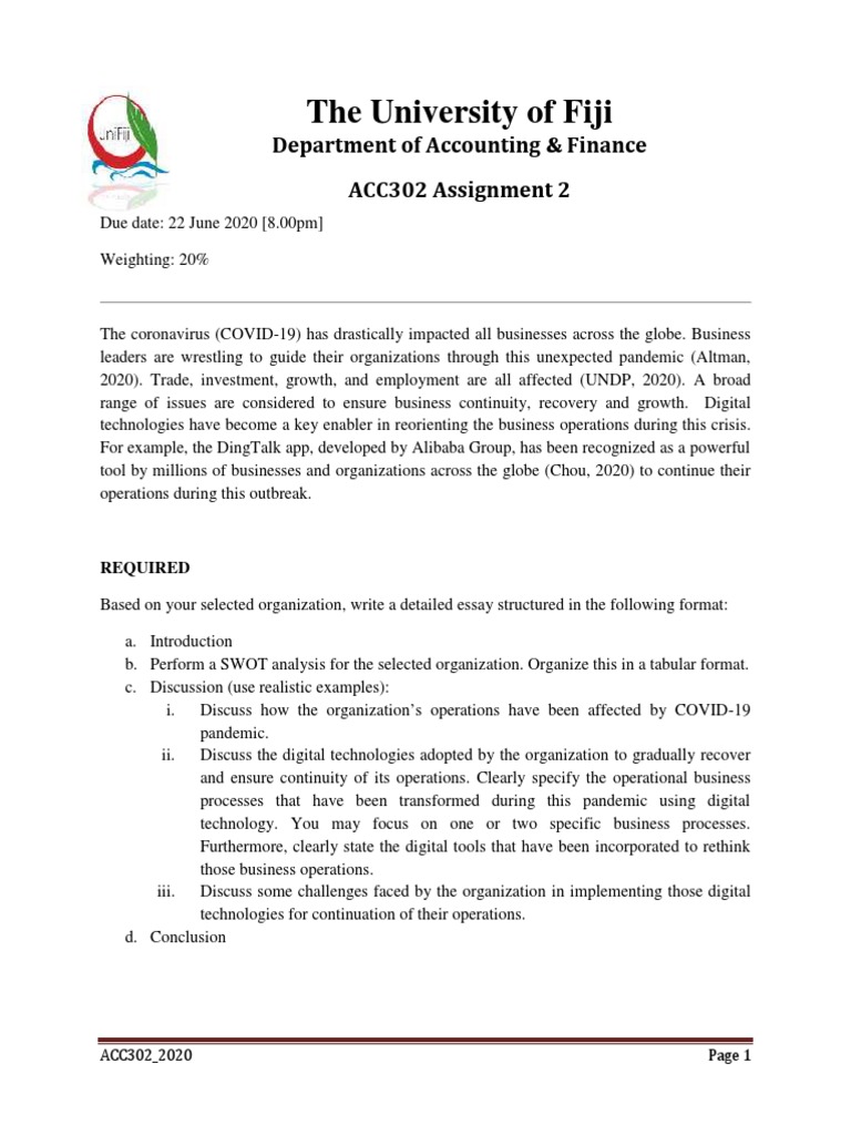 The University of Fiji: Department of Accounting & Finance ACC302 Assignment 2 | PDF | Business