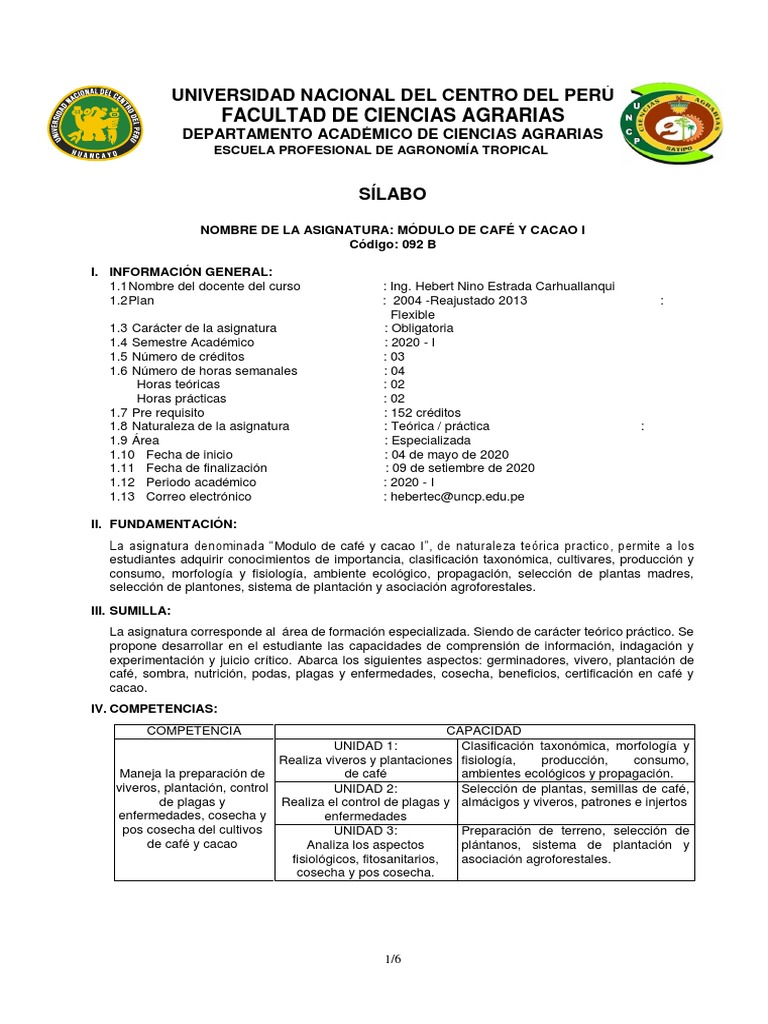 Silabo Modulo de Café y Cacao I 2020 - I | Descargar gratis PDF | Evaluación | café