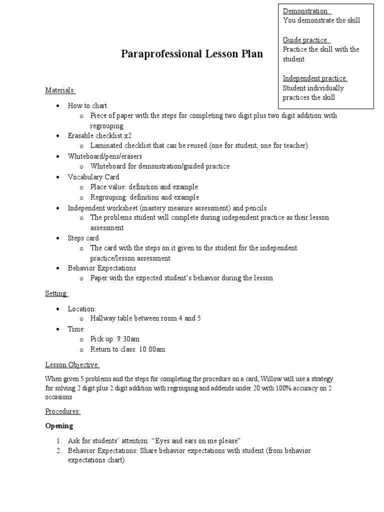 Paraprofessional Lesson Plan | PDF | Lesson Plan | Neuropsychological ...