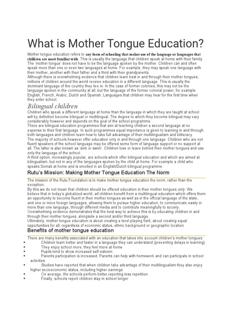 What Is Mother Tongue Education?: Bilingual Children | PDF | First ...