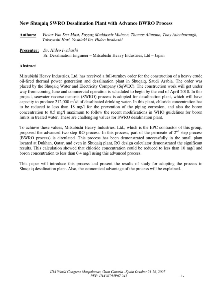 SWRO Desalination Plant With Advance BWRO Process | PDF | Desalination ...