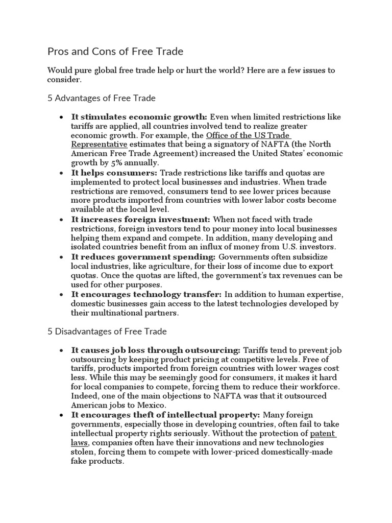 Pros and Cons of Free Trade | PDF | Free Trade | Tariff