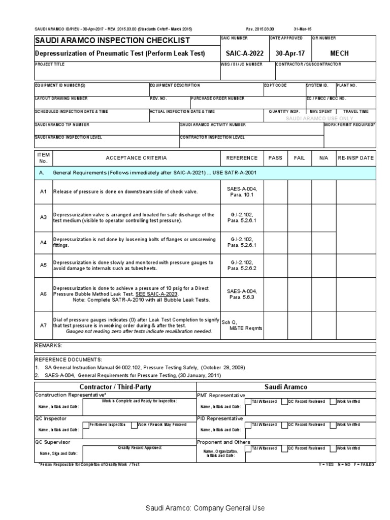 Saudi Aramco Inspection Checklist: Depressurization of Pneumatic Test ...