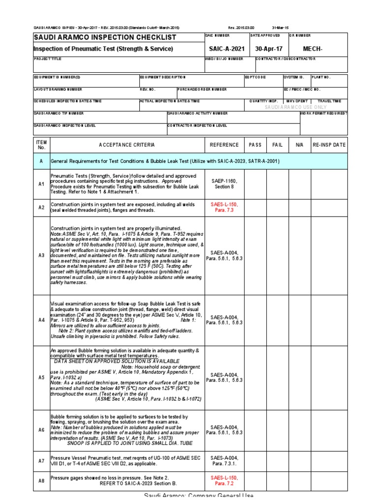 Saudi Aramco Inspection Checklist: Inspection of Pneumatic Test ...