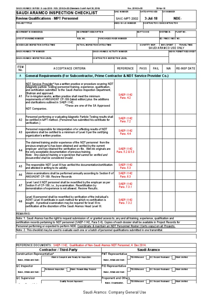 Saudi Aramco Inspection Checklist: Review Qualifications - MPT Personnel 3-Jul-18 Nde | PDF ...