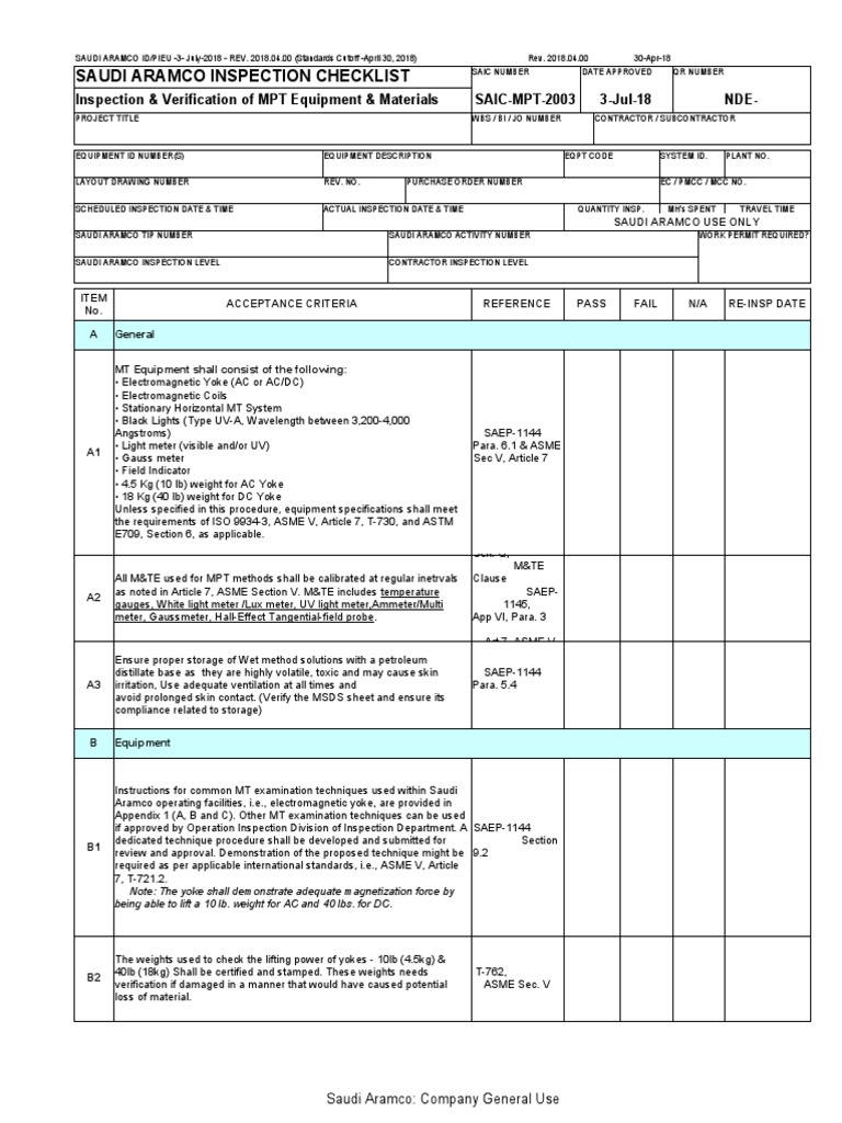 Saudi Aramco Inspection Checklist: Inspection & Verification of MPT Equipment & Materials SAIC ...