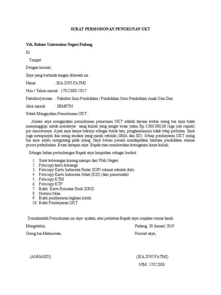 Surat Permohonan Penurunan Ukt | PDF