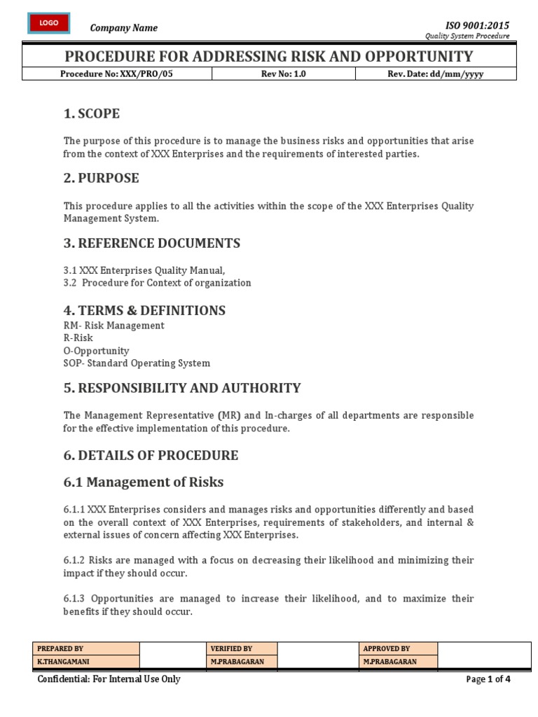 05 Procedure For Addressing Risk and Opportunity | PDF | Iso 9000 | Risk