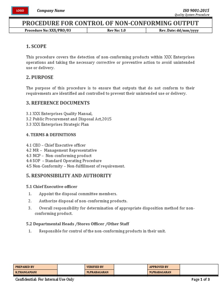 03 Procedure For Control of Non-Conforming Output | PDF | Iso 9000 | Quality Management System