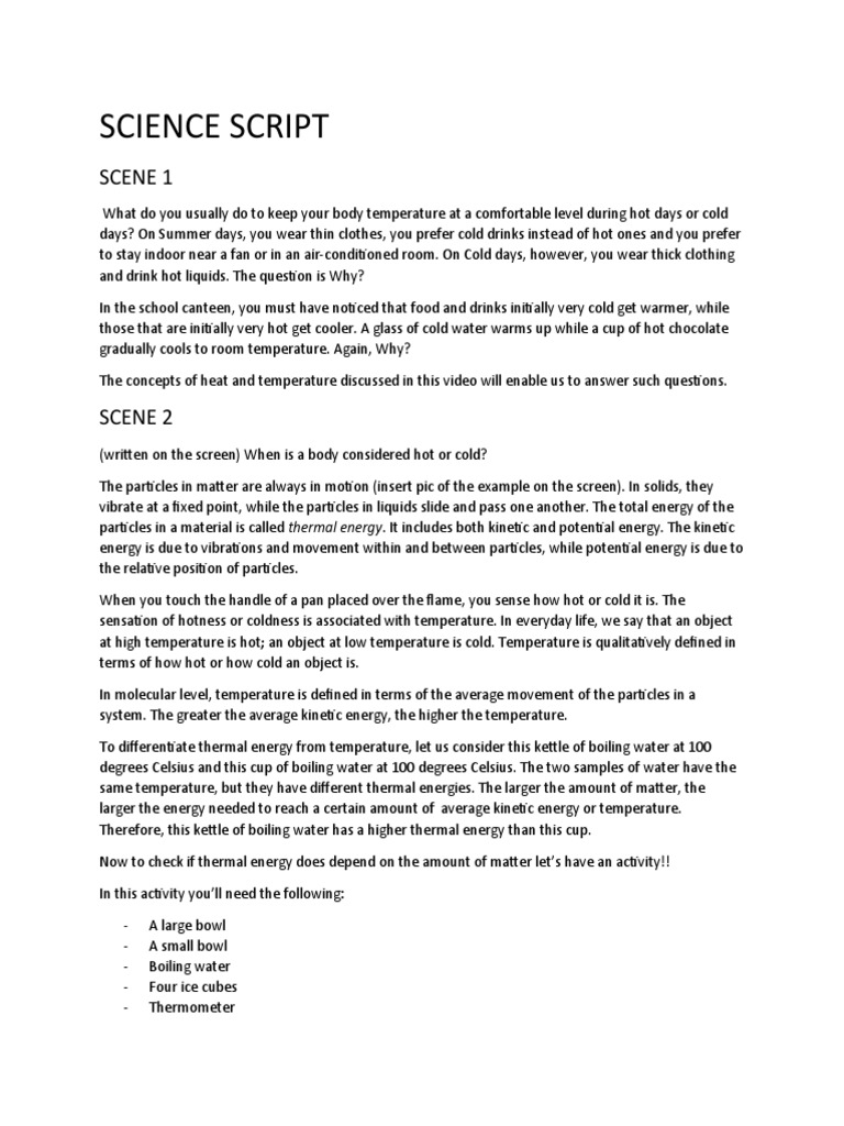 Science Script: Scene 1 | PDF | Thermal Conduction | Temperature