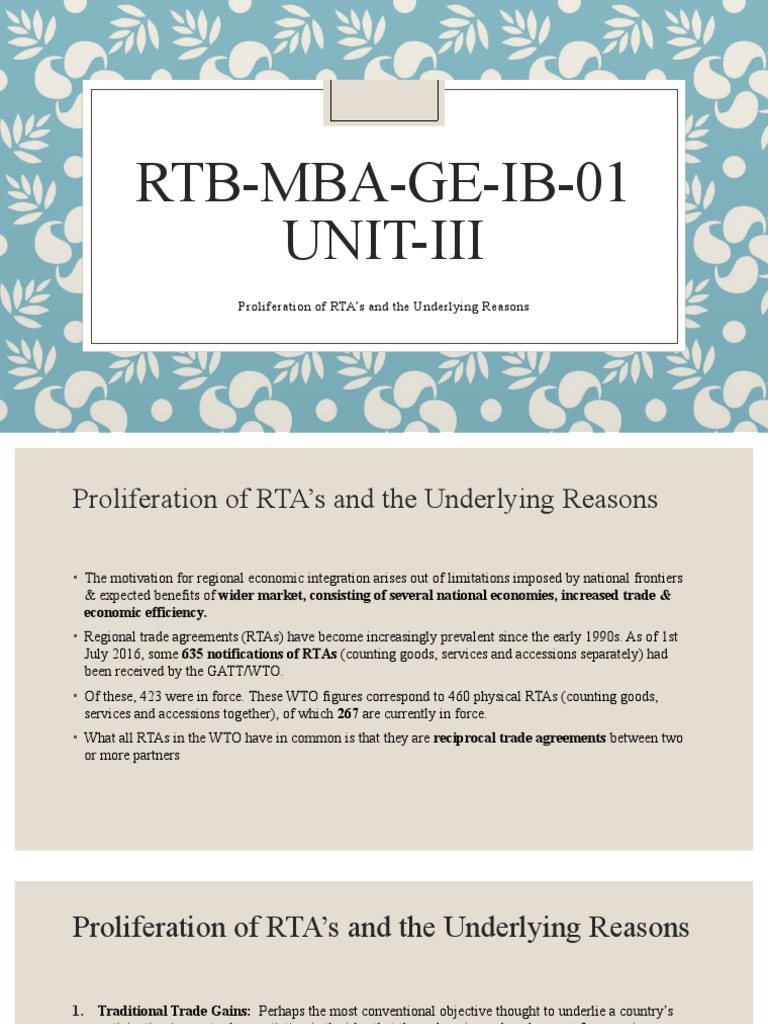 RTB-MBA-GE-IB-01 Unit-Iii: Proliferation of RTA's and The Underlying Reasons | PDF | World Trade ...