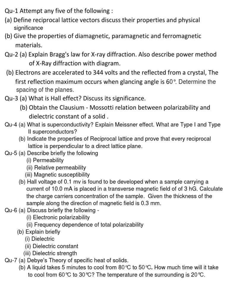 Condensed Matter Physics Questions Covering Crystallography, Diffraction, Magnetism ...