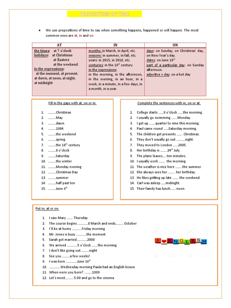 Prepositions of Time | PDF | Workweek And Weekend