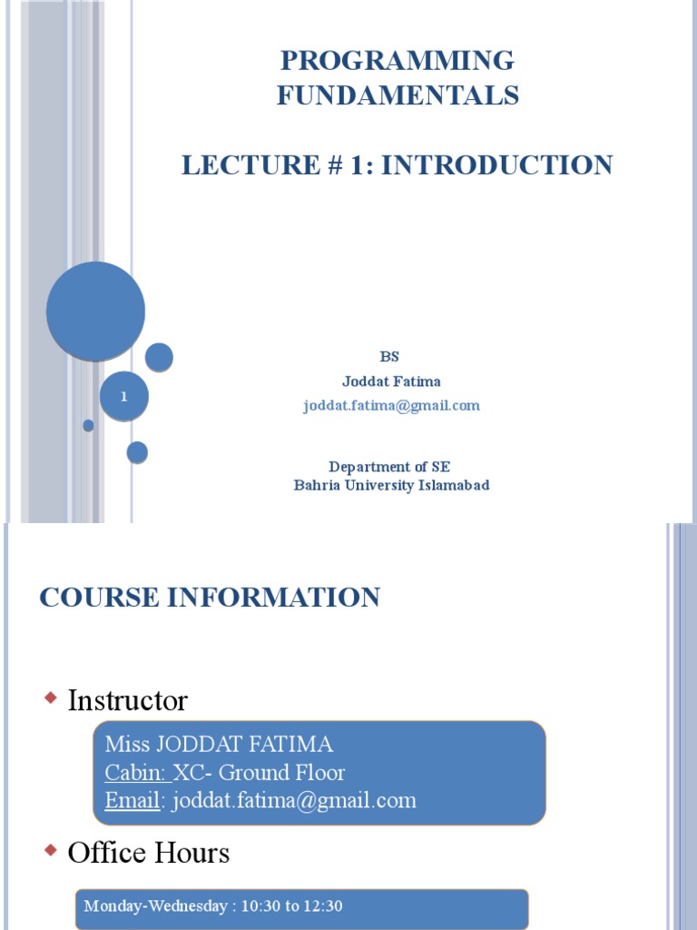 Programming Fundamentals Lecture # 1: Introduction: BS Joddat Fatima ...