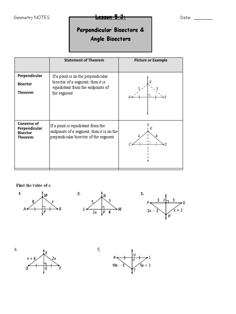 Lesson 5.2: Perpendicular Bisectors & Angle Bisectors: Statement of ...