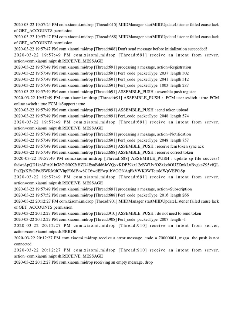 Log entries documenting the initialization and registration process of a Xiaomi push ...