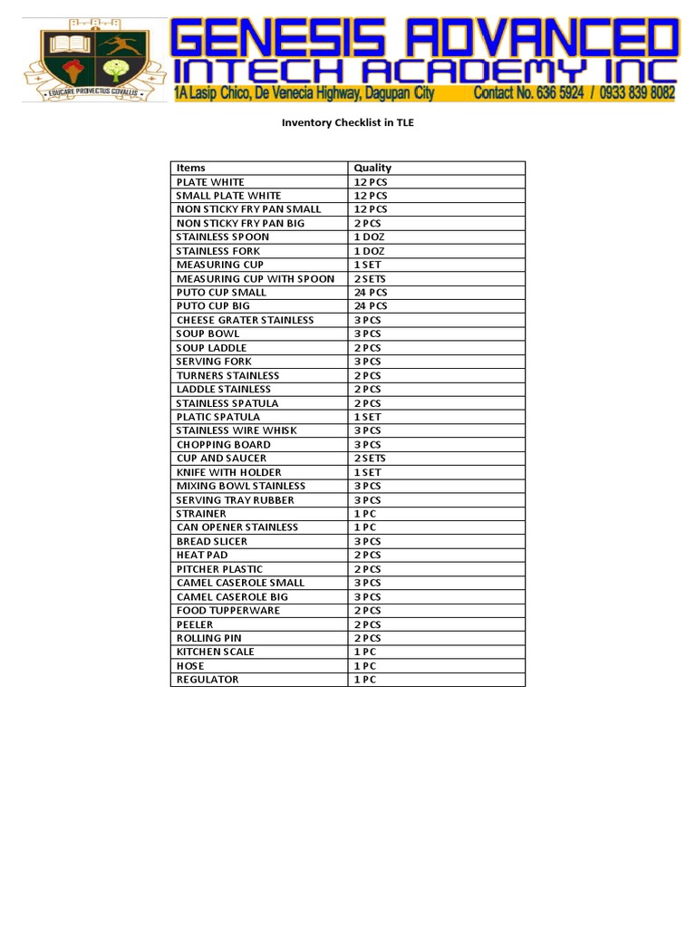 Inventory Checklist in TLE | PDF