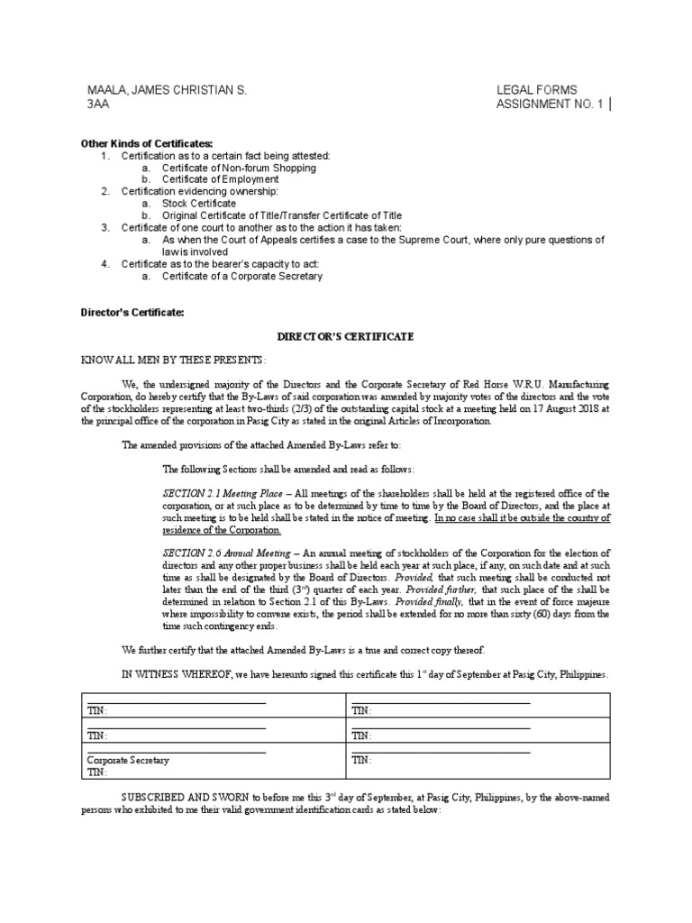 Legal Forms No. 1 Example | PDF | Corporations | Companies