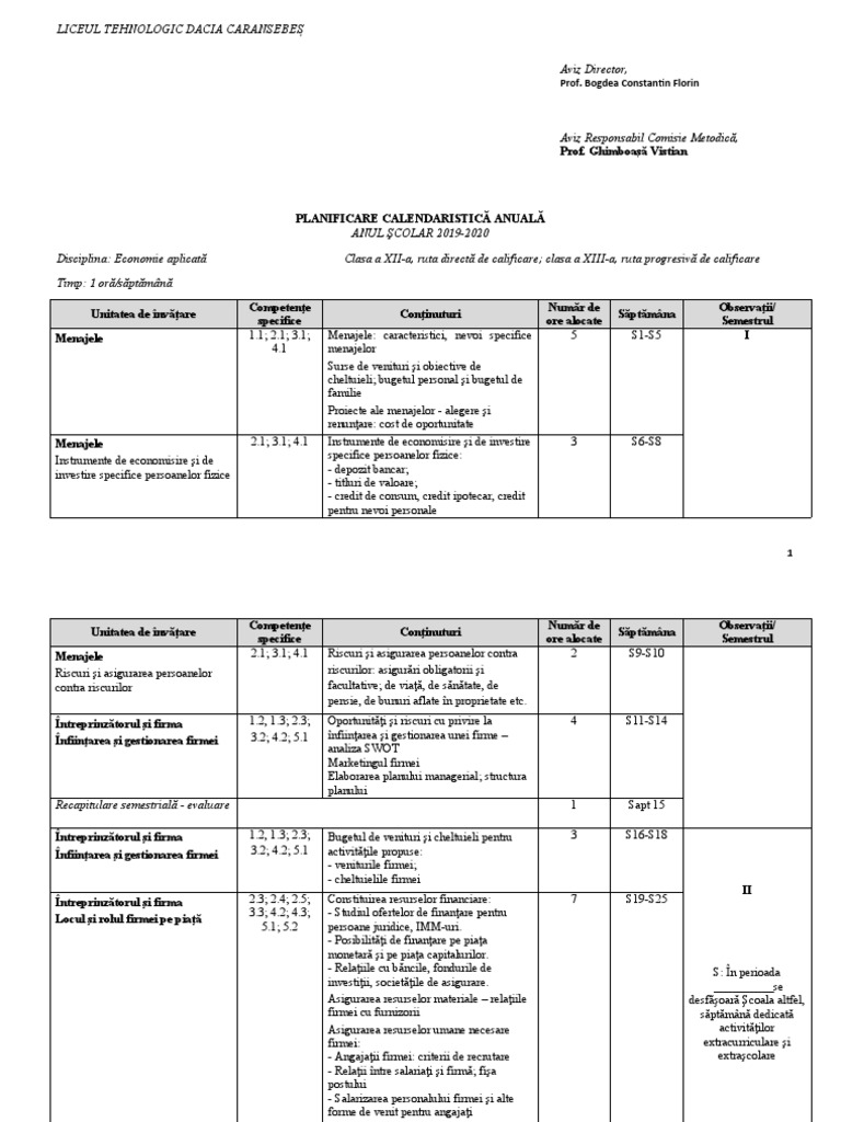 Planificare Anuala - Economie Aplicata - XII - 1 Ora | PDF