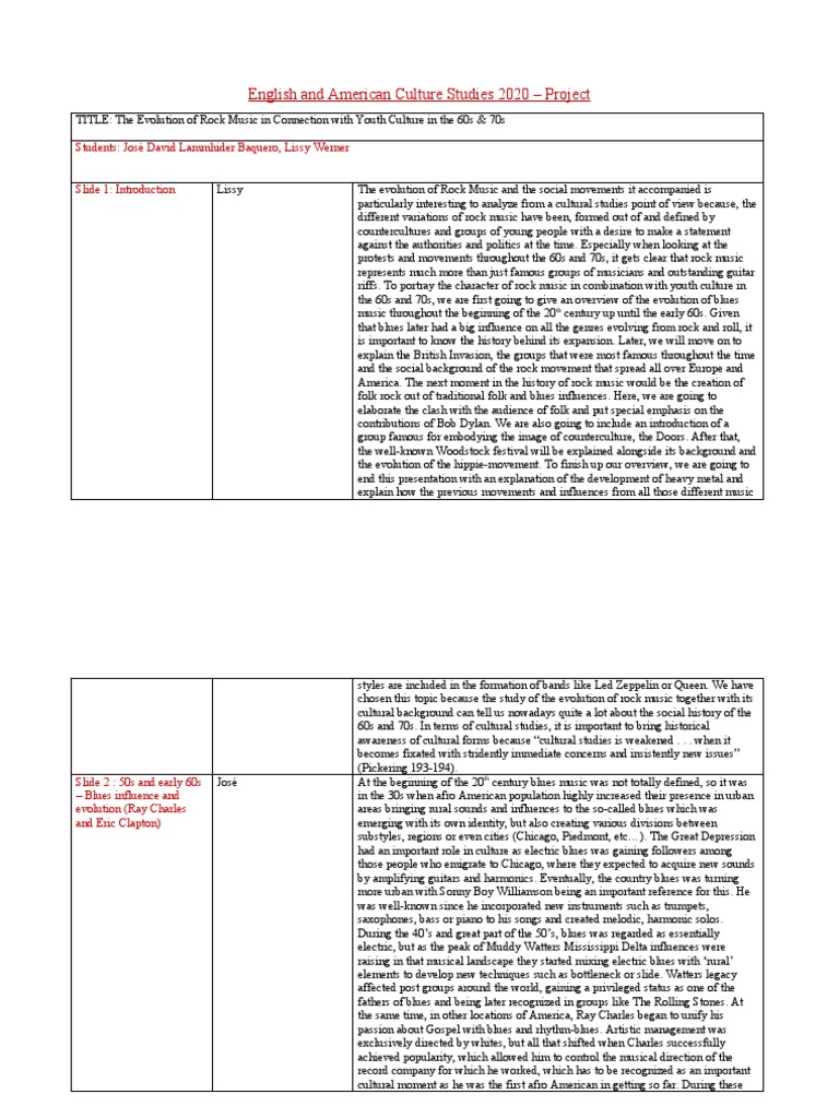 Cultural Studies Project May 2020 - Outline | PDF | Hippie | Rock Music