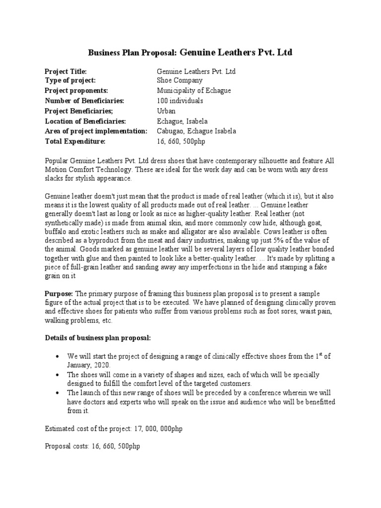 Genuine Leathers Pvt. LTD: Business Plan Proposal | PDF | Shoe | Leather