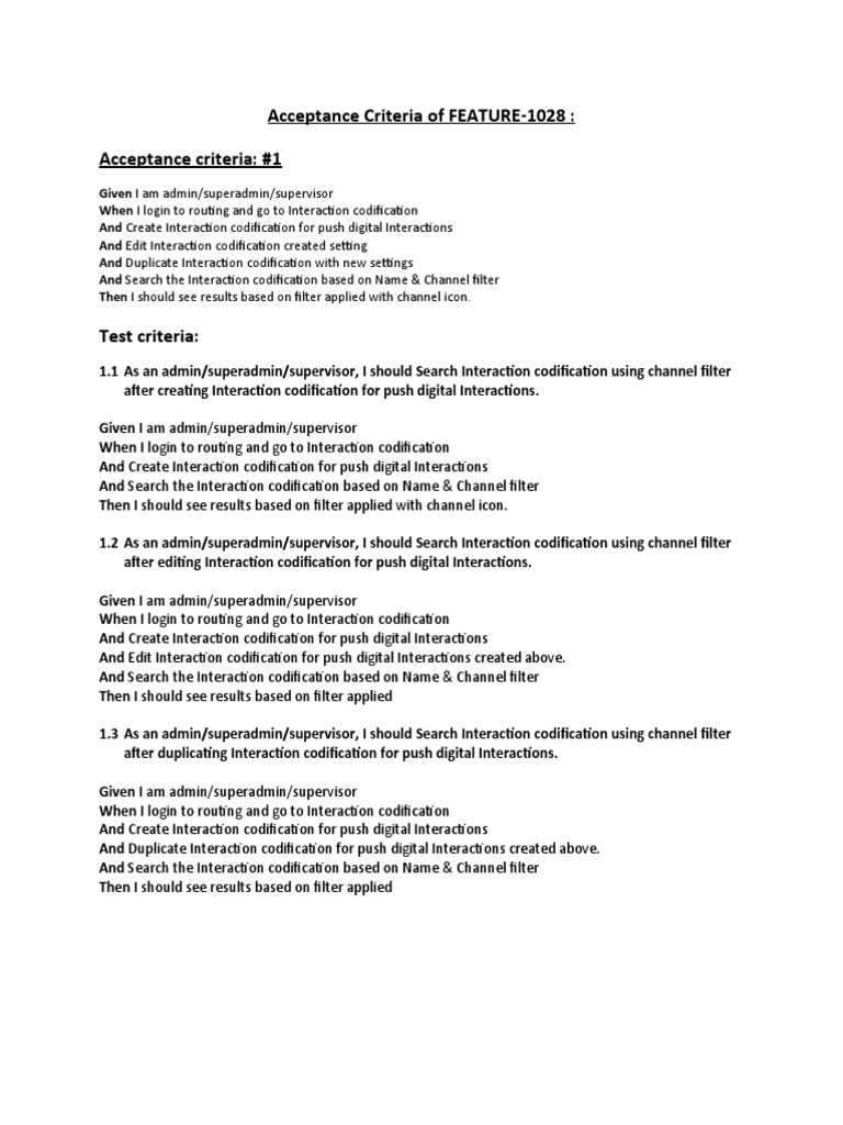 Acceptance Criteria of FEATURE-1028: Acceptance Criteria: #1 | PDF ...