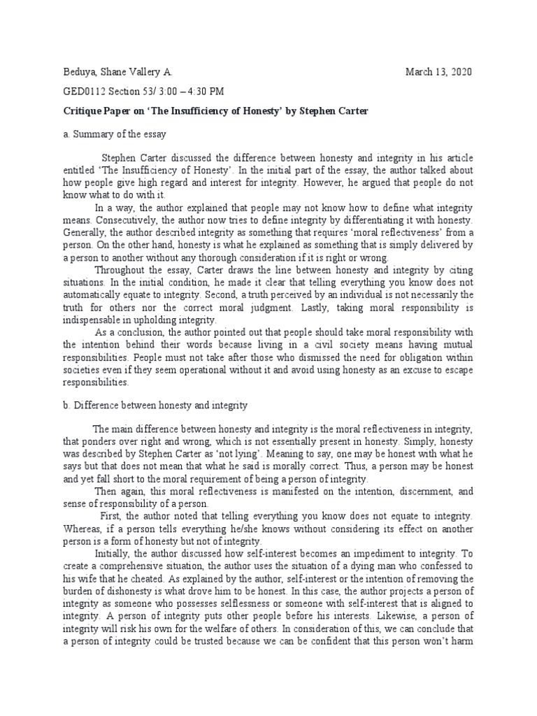 Critique Paper On The Insufficiency of Honesty' by Stephen Carter | PDF ...