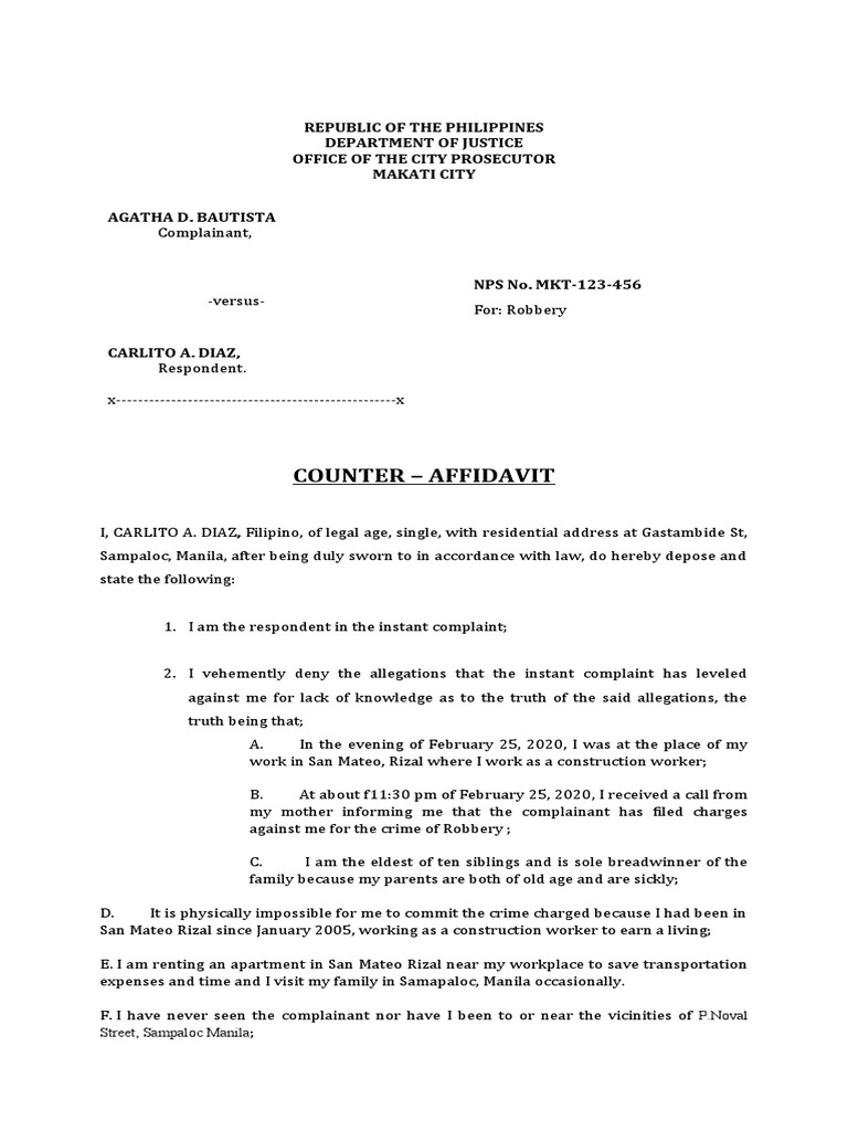 Counter - Affidavit: Republic of The Philippines Department of Justice Office of The City ...