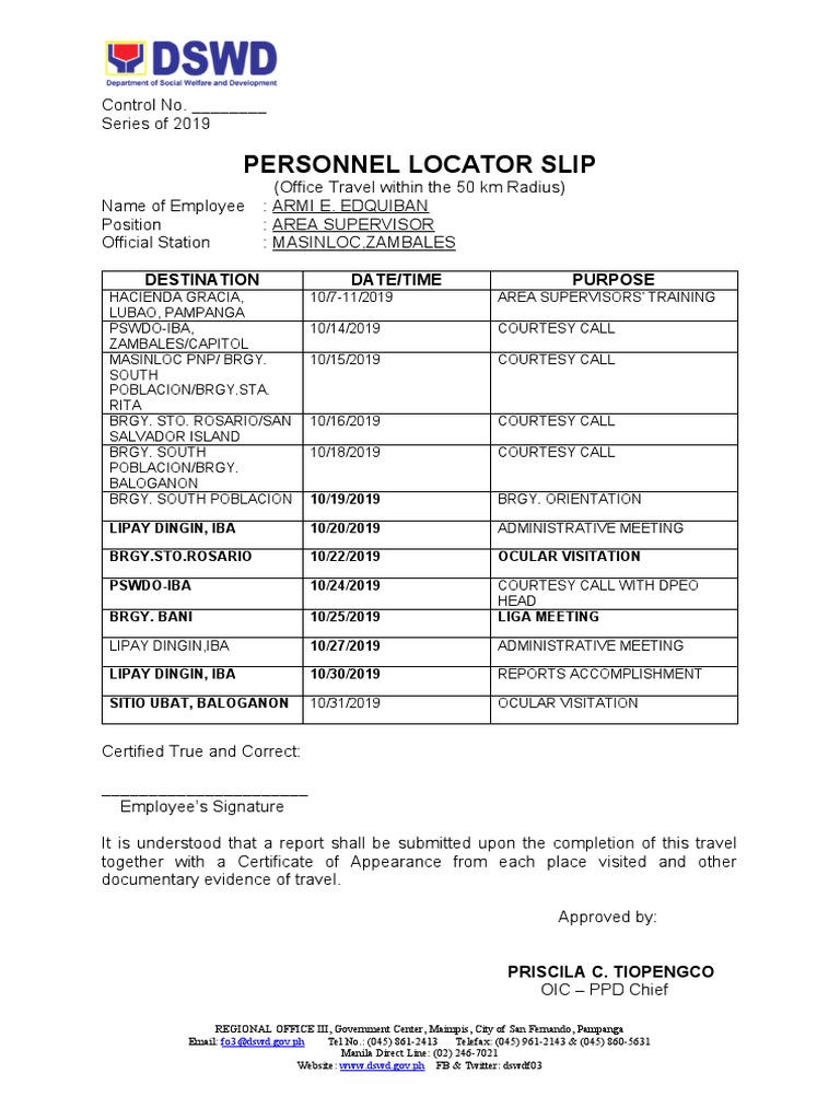 Personnel Locator Slip: Destination Date/Time Purpose | PDF