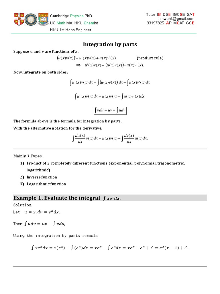 Cambridge Physics PhD Tutor IB DSE IGCSE SAT Integration by Parts Guide ...