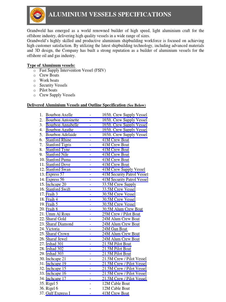 Aluminium Vessel Specifications Overview | PDF | Marine Propulsion ...