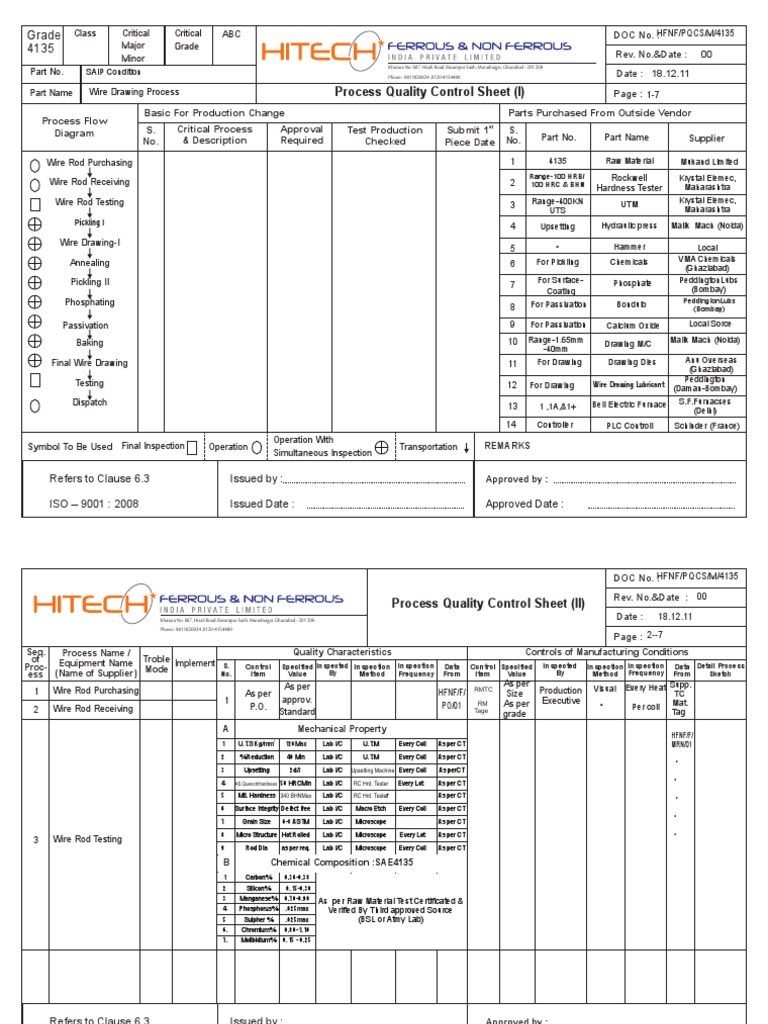 Process Quality Control Sheet (I) : Grade 4135 | PDF | Hardness | Chemistry