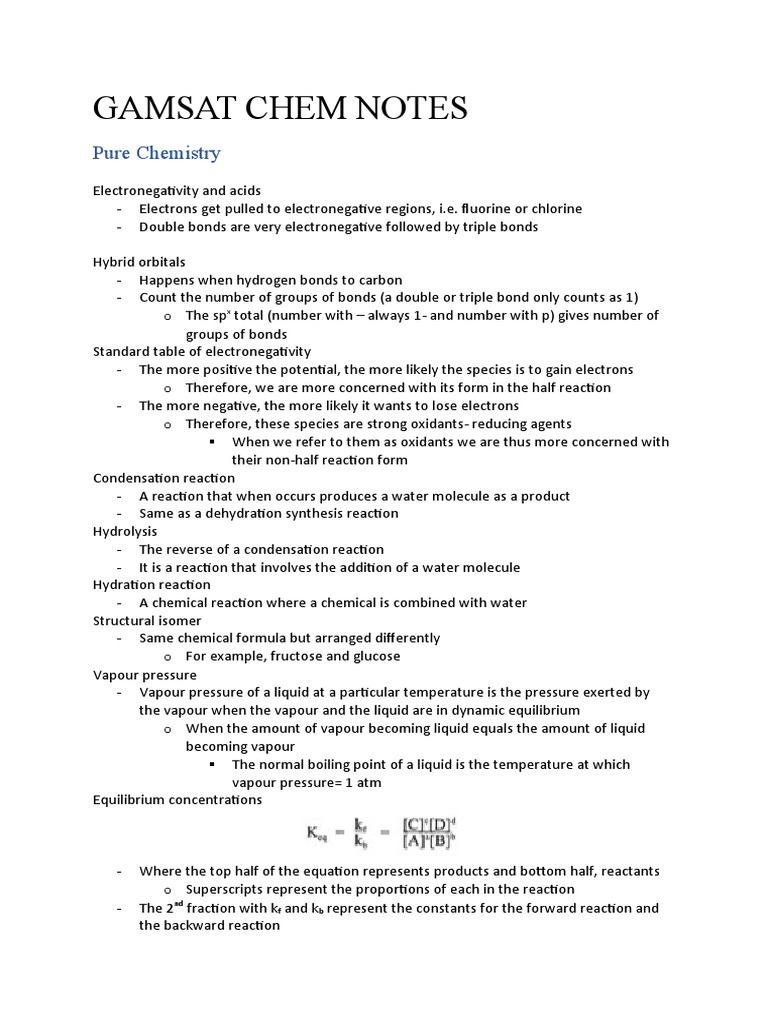 Gamsat Chem Notes: Pure Chemistry | PDF | Chemical Reactions | Amine