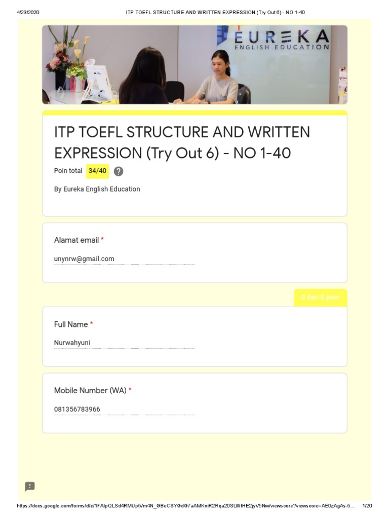 ITP TOEFL STRUCTURE AND WRITTEN EXPRESSION (Try Out 6) - NO 1-40 | PDF ...