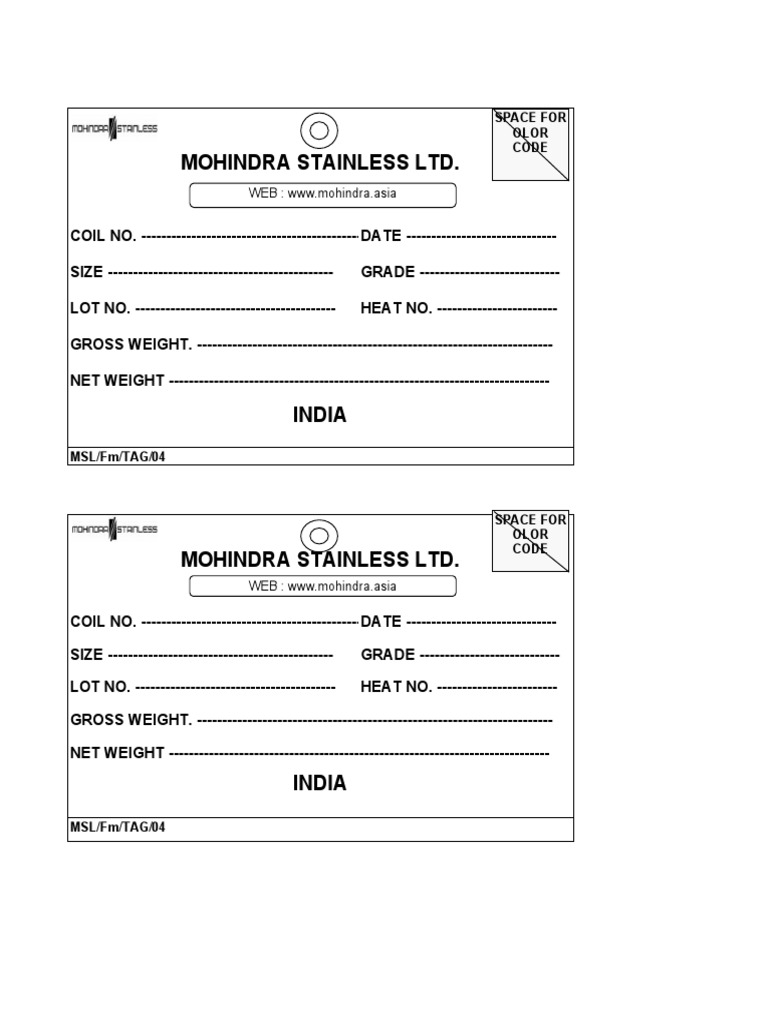 Mohindra Stainless Ltd. coil identification tag template for recording ...