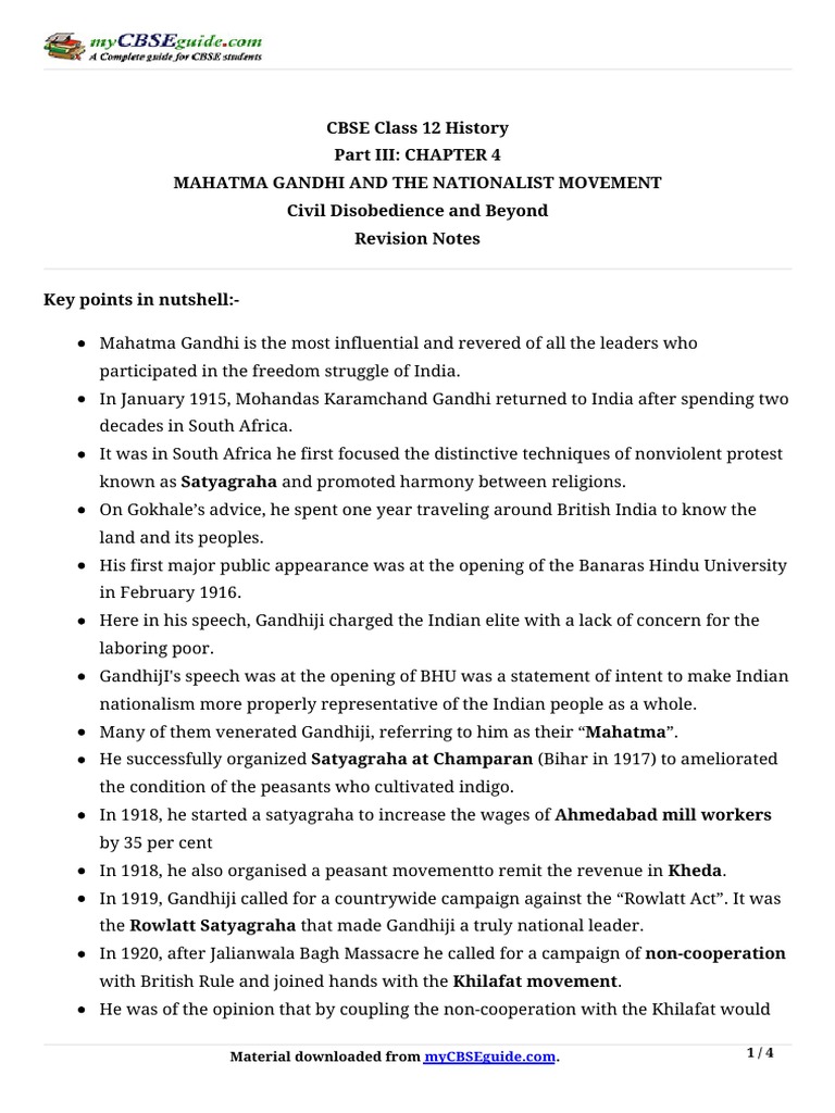 CBSE Class 12 History Part Iii: Chapter 4 Mahatma Gandhi and The ...