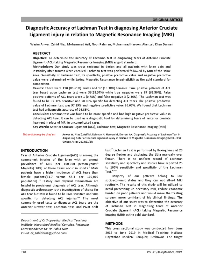 Diagnostic Accuracy of Lachman Test in Diagnosing Anterior Cruciate ...