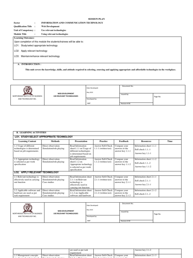 Session Plan - USE RELEVANT TECHNOLOGIES - NIBT PDF | Download Free PDF ...