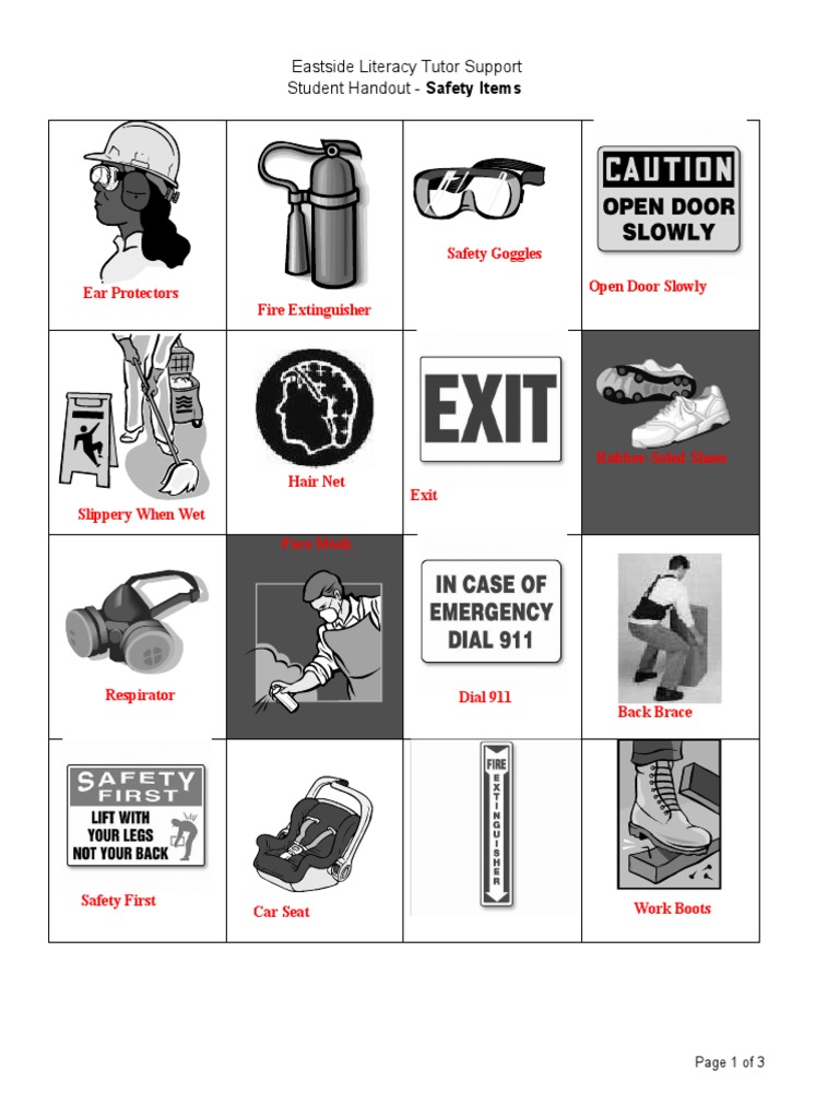 Eastside Literacy Tutor Support Student Handout - Safety Items | PDF