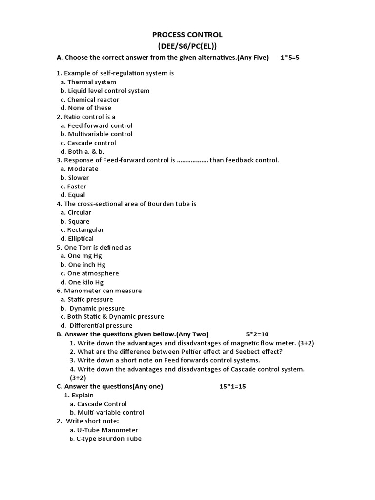 Process Control (DEE/S6/PC (EL) ) : A. Choose The Correct Answer From ...