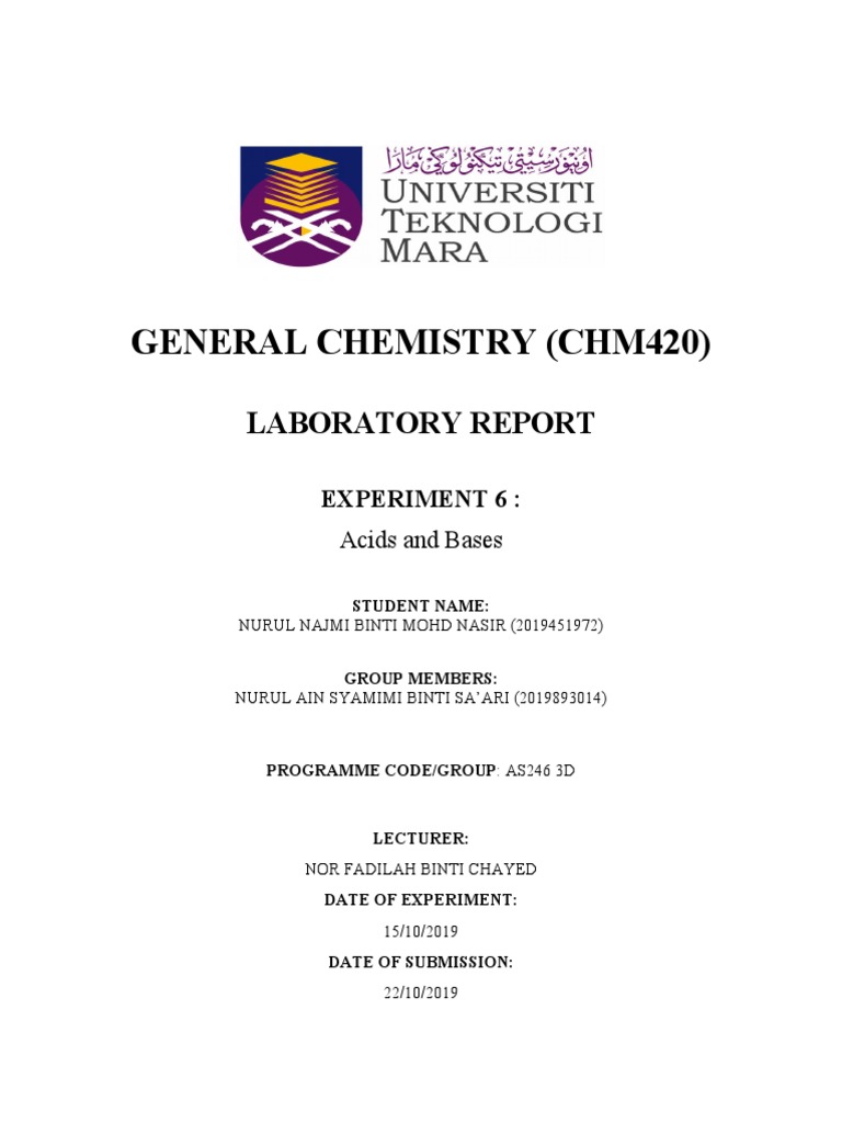 General Chemistry (Chm420) : Laboratory Report | PDF | Acid | Titration