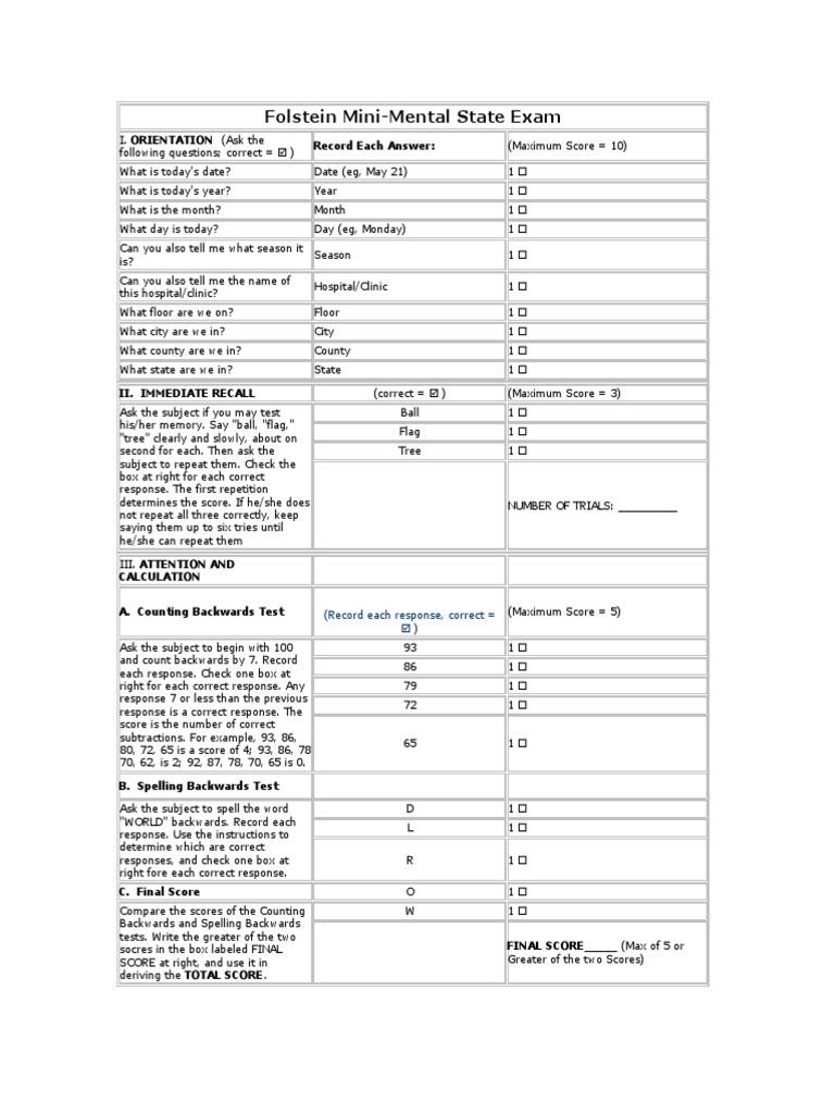 Folstein Mini-Mental State Exam: Record Each Answer | PDF | Mental ...