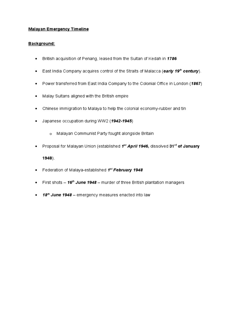 Malayan Emergency Key Events Timeline | PDF | Politics | Travel