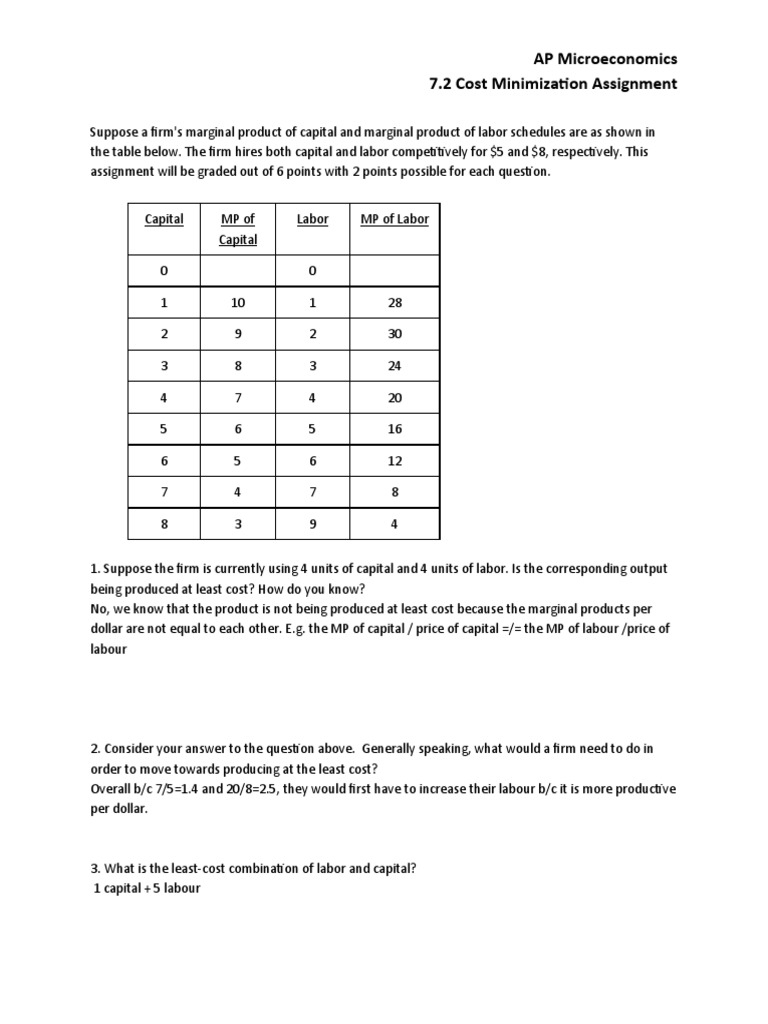 AP Microeconomics 7.2 Cost Minimization Assignment | PDF
